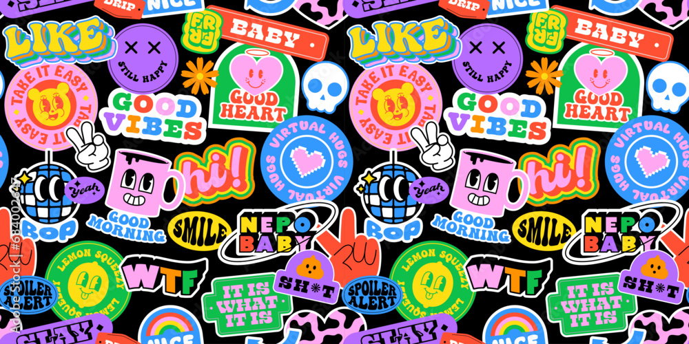Funny smiling happy face colorful sticker label seamless pattern. Retro ...