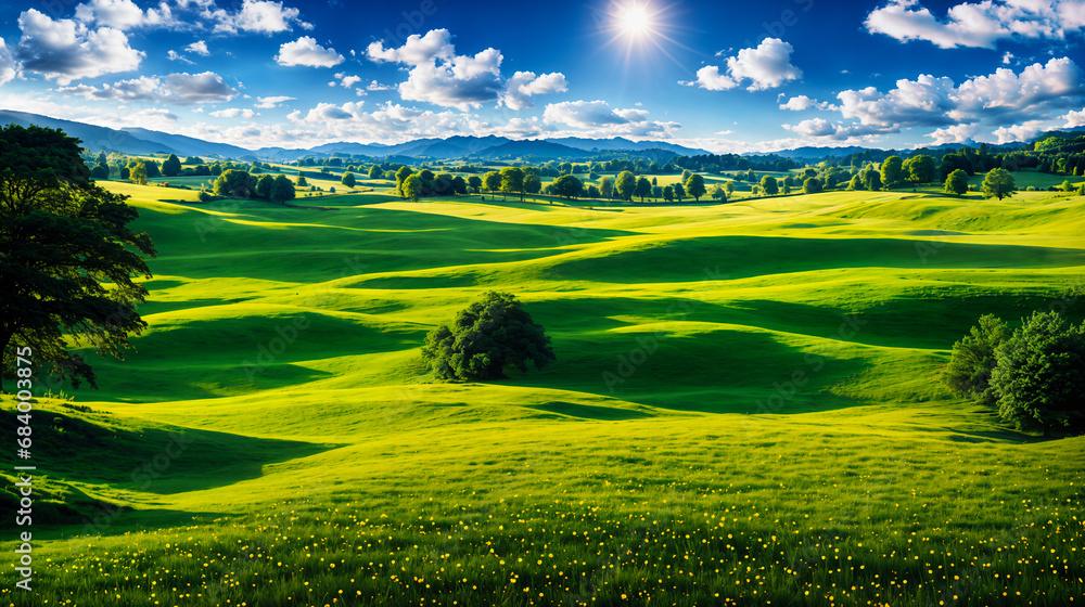 Beautiful green valley with green fields and hills. Natural summer ...