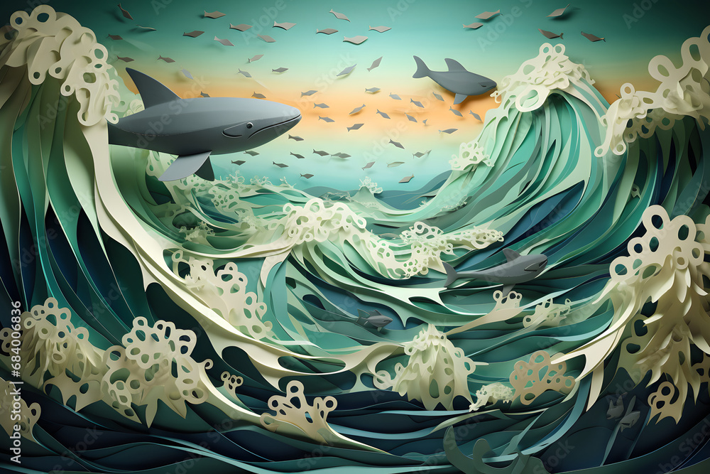 A stunning papercraft ocean scene, with meticulously crafted waves and ...