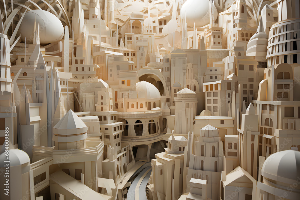 A fantastical papercraft cityscape, with towering buildings and ...