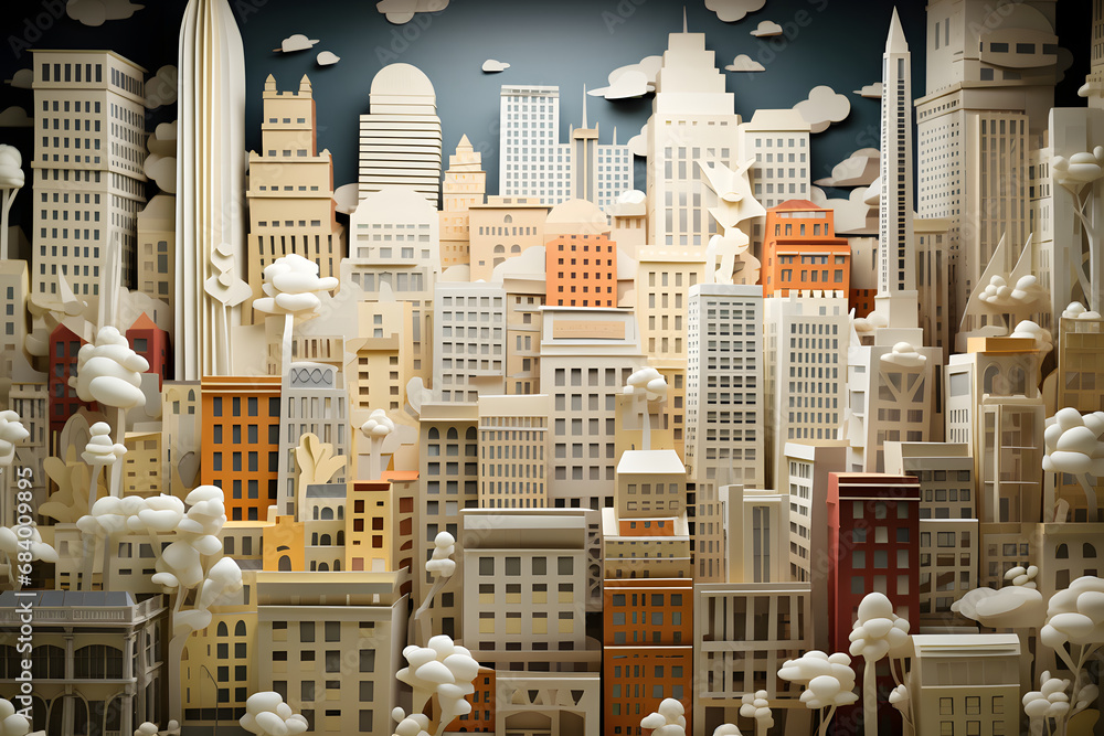 A fantastical papercraft cityscape, with towering buildings and ...