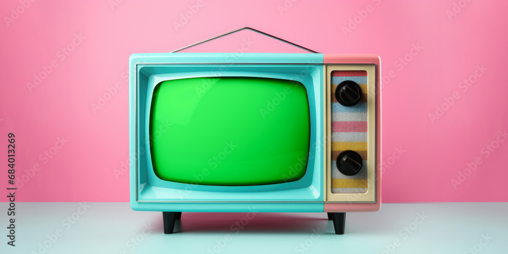 Old vintage turquoise blue TV with telescope on pink background on ...