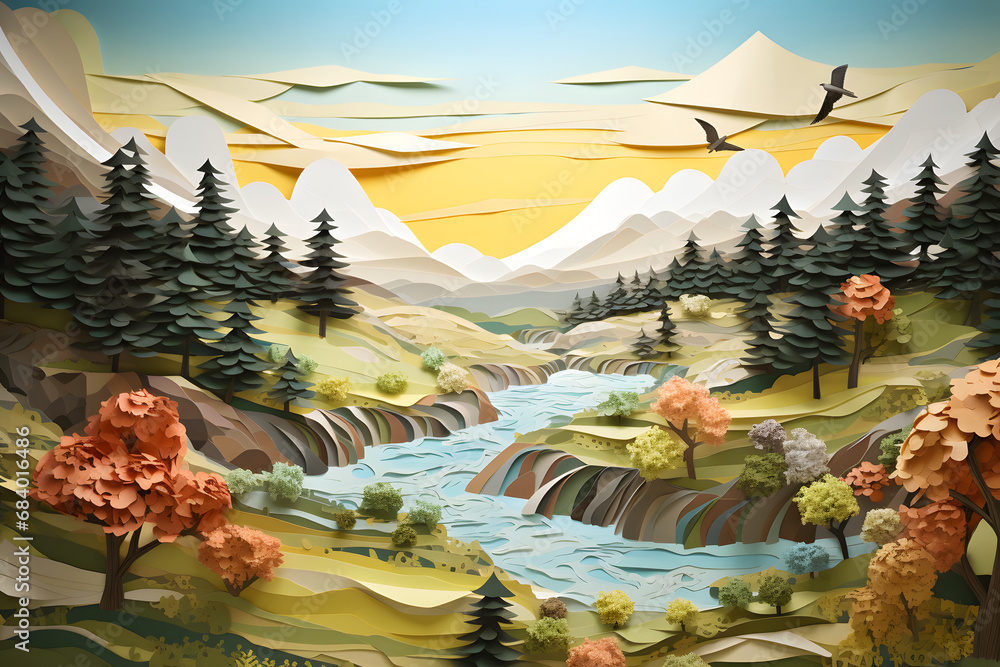 A serene papercraft landscape, with rolling hills, trees, and a ...