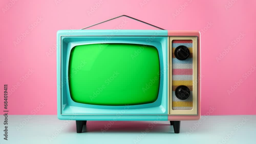 4K loop animation. Animated video. Glitch on old vintage blue retro TV ...