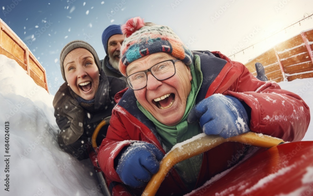 Older people friends riding on snow tubing from the hill with funny ...