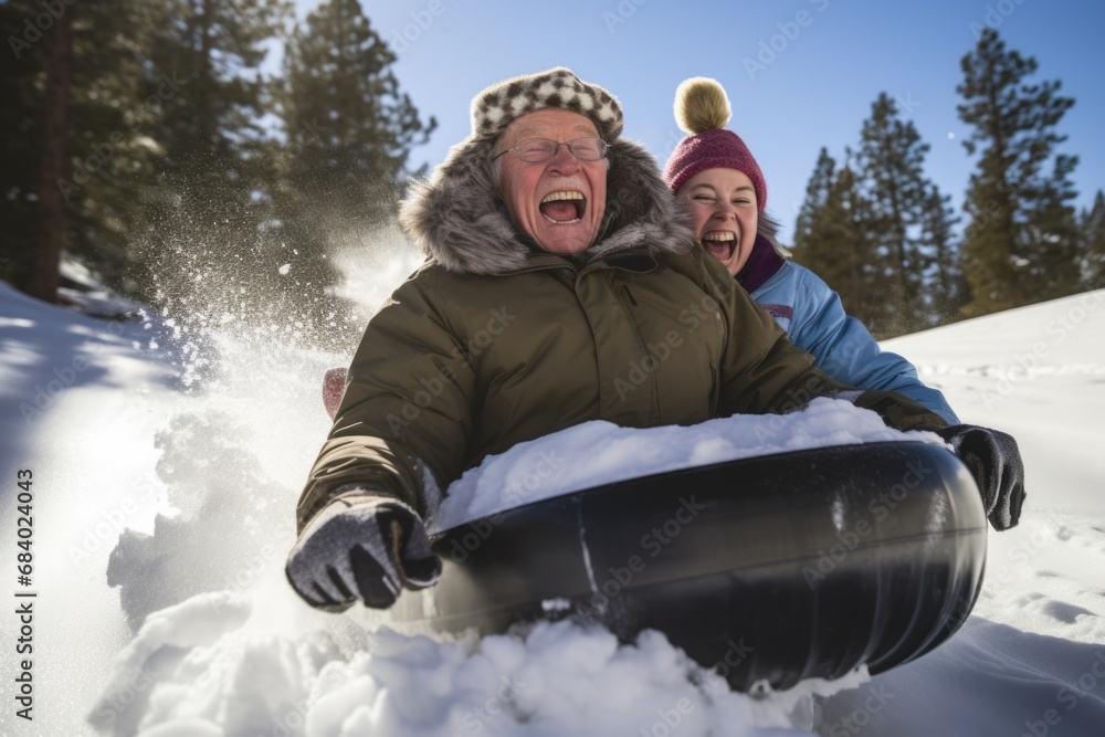 Older people friends riding on snow tubing from the hill with funny ...