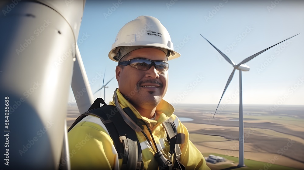 Wind turbine technician, medium-angle shot of a worker expertly scaling ...
