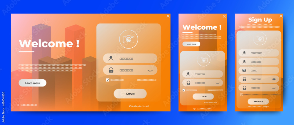 Registration and login forms page ui template design. Orange background ...