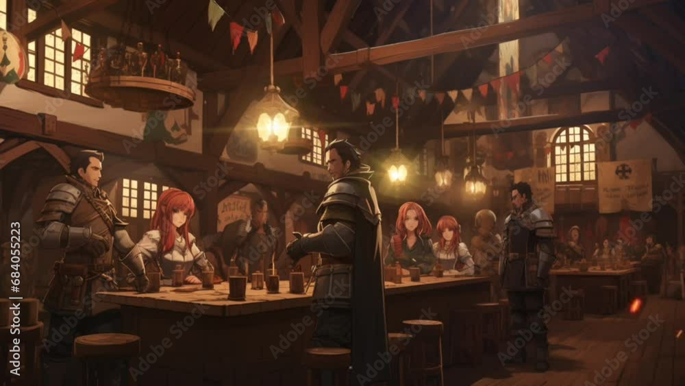 Vidéo Stock medieval fantasy tavern with adventurous knights. seamless ...