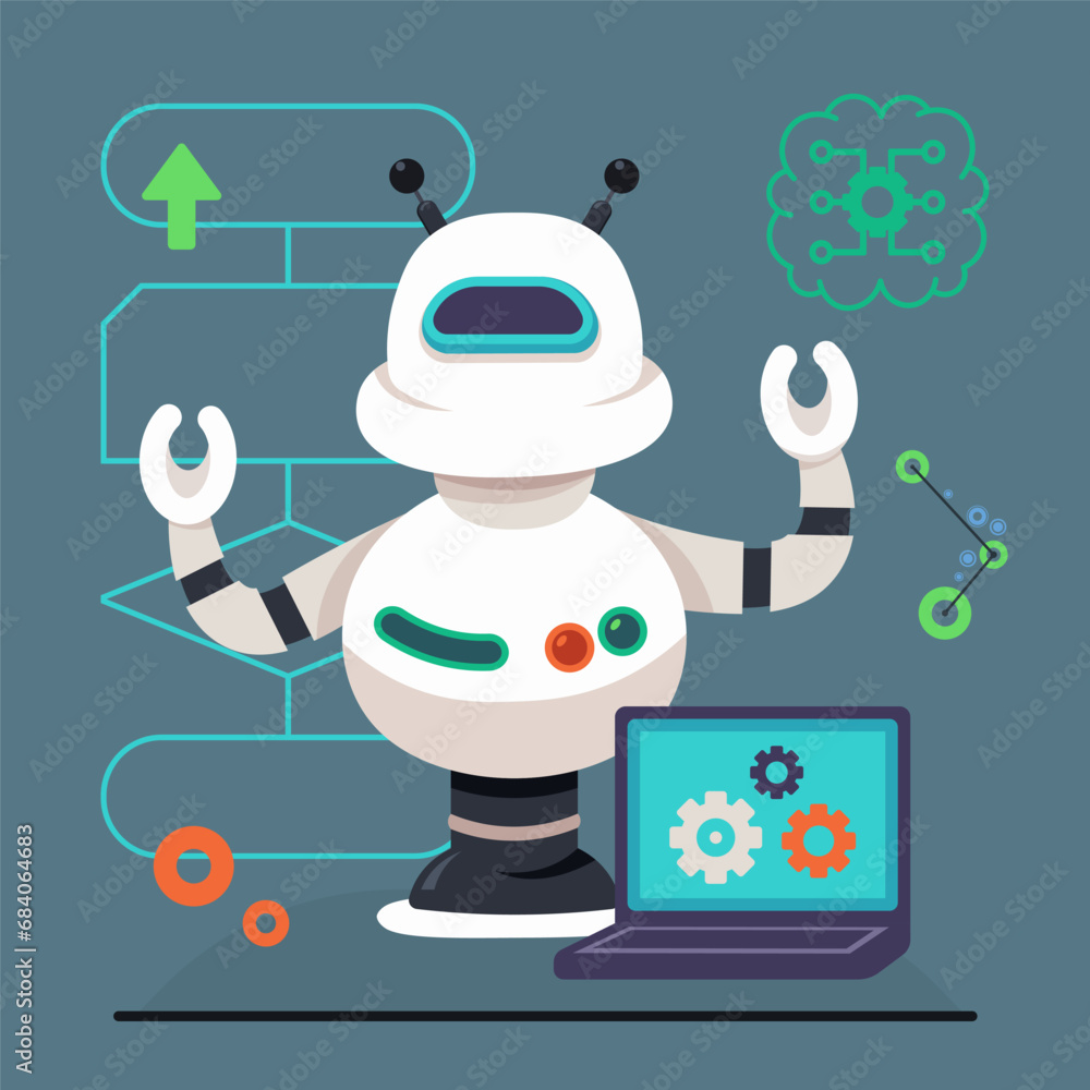 Robot and laptop vector illustration. Algorithm, gear wheels, neural ...