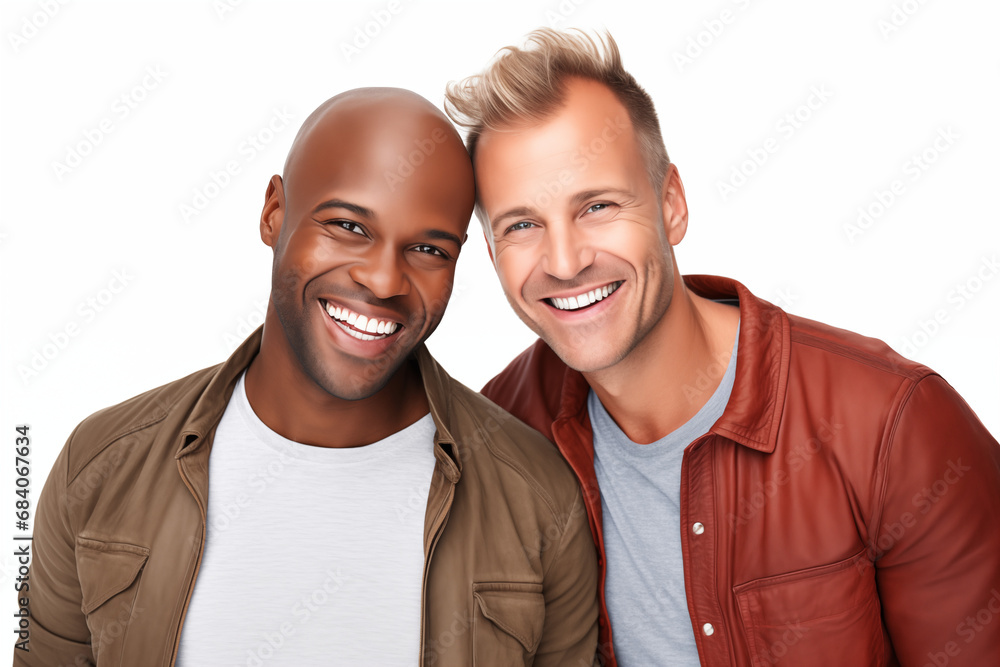 Portrait of Two Men (Couple) of Different Nationalities Against a White ...