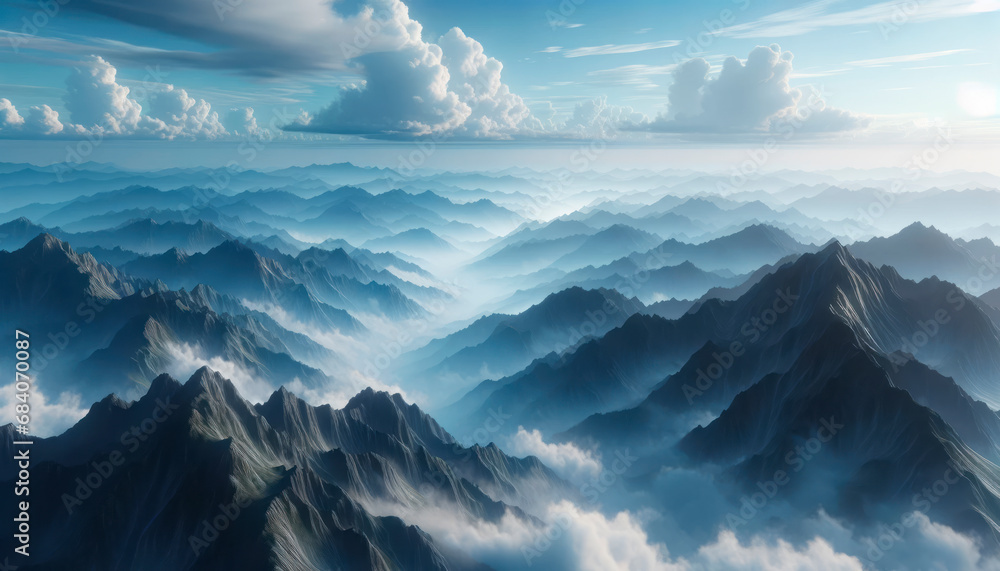 Layers of mountain ridges under a sky with billowing clouds. A ...