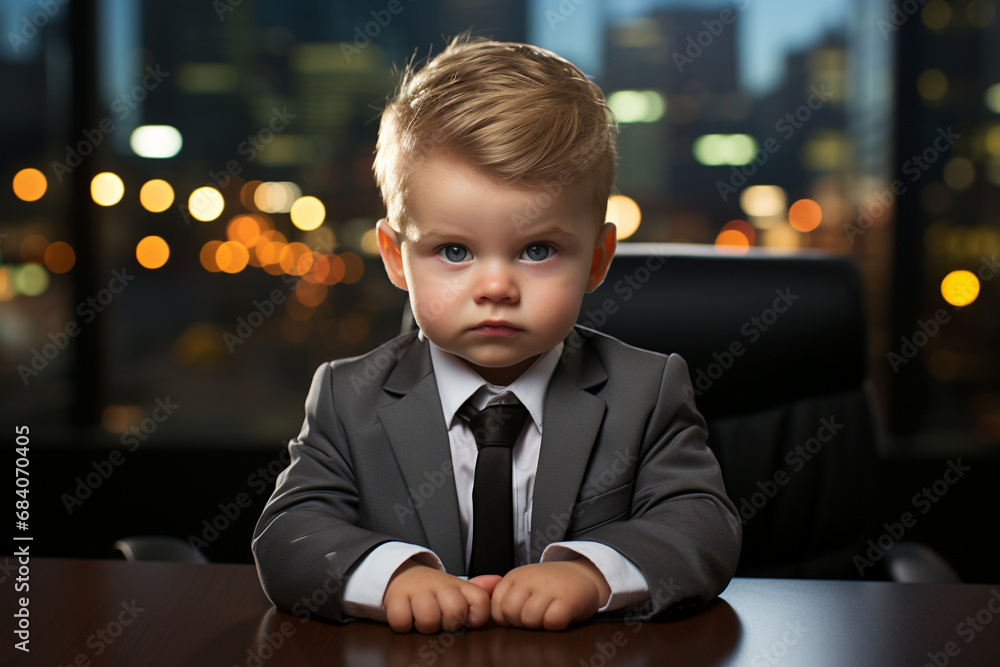 Busy serious child sitting at his desk. Little boss working in his ...