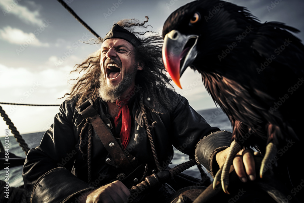 pirate in a pirate costume. Sea adventures. Viking beast on a ship ...