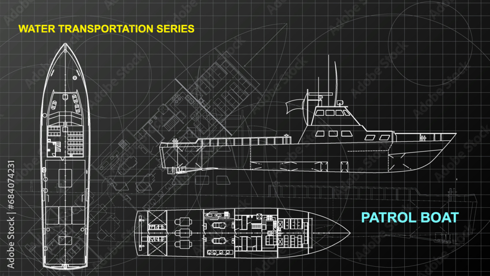 Patrol Boat model. Line art sketch wallpaper of water transportation ...