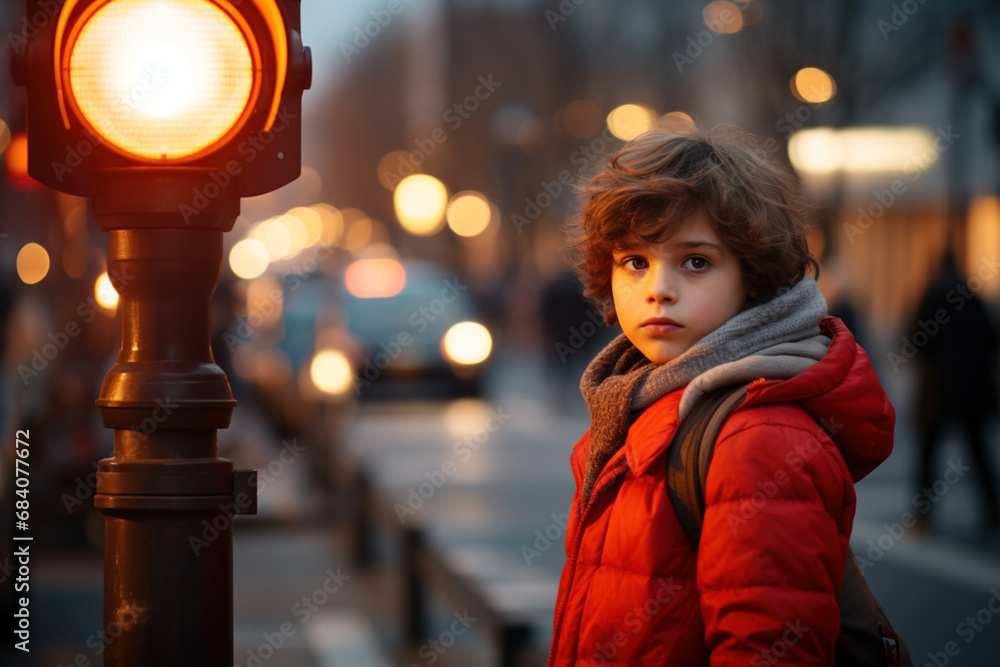 Child crossing road on crosswalk at red traffic light in city cars on ...