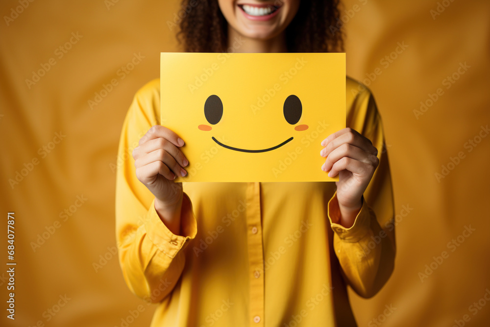 Smiling woman in yellow shirt holds huge big smiling face in her hands ...
