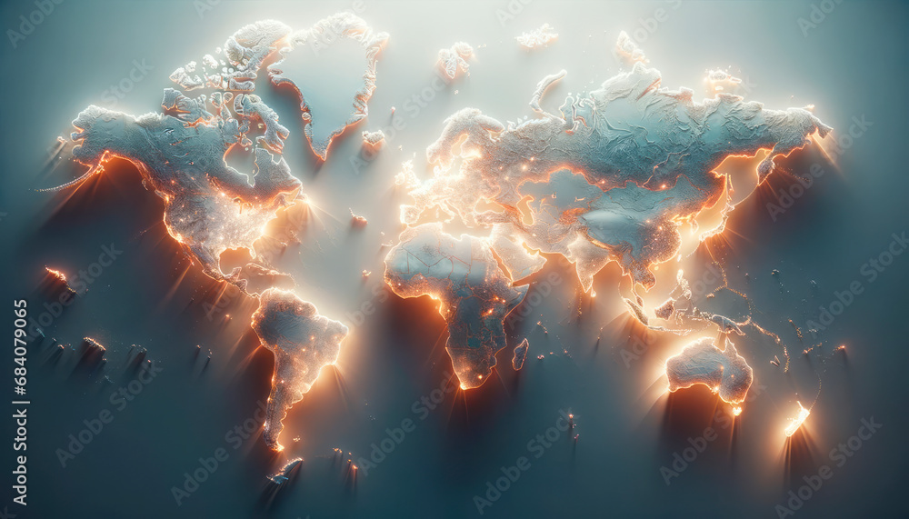 World map with fiery network lines radiating energy on a dark ...