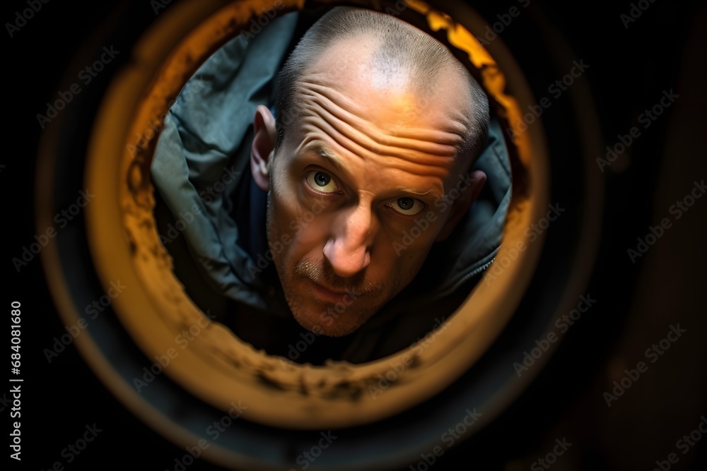 Curious man peering through a hole in a rustic brick wall with a ...