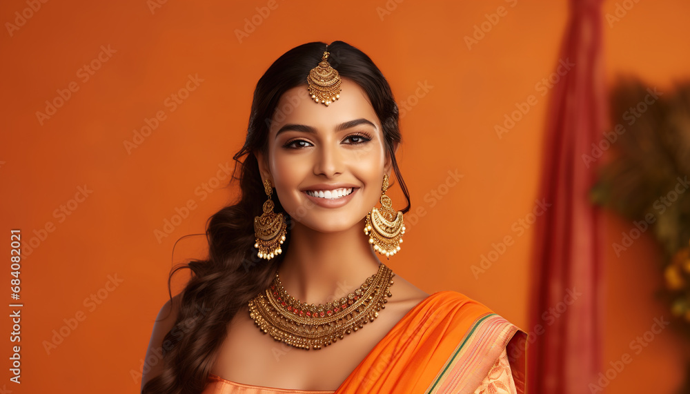 Portrait of a young, smiling Indian woman in traditional attire ...