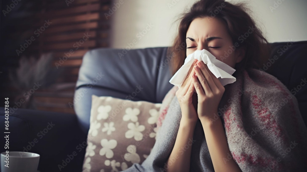 sick woman blowing his nose and coughing. ill with cold and angina flu ...