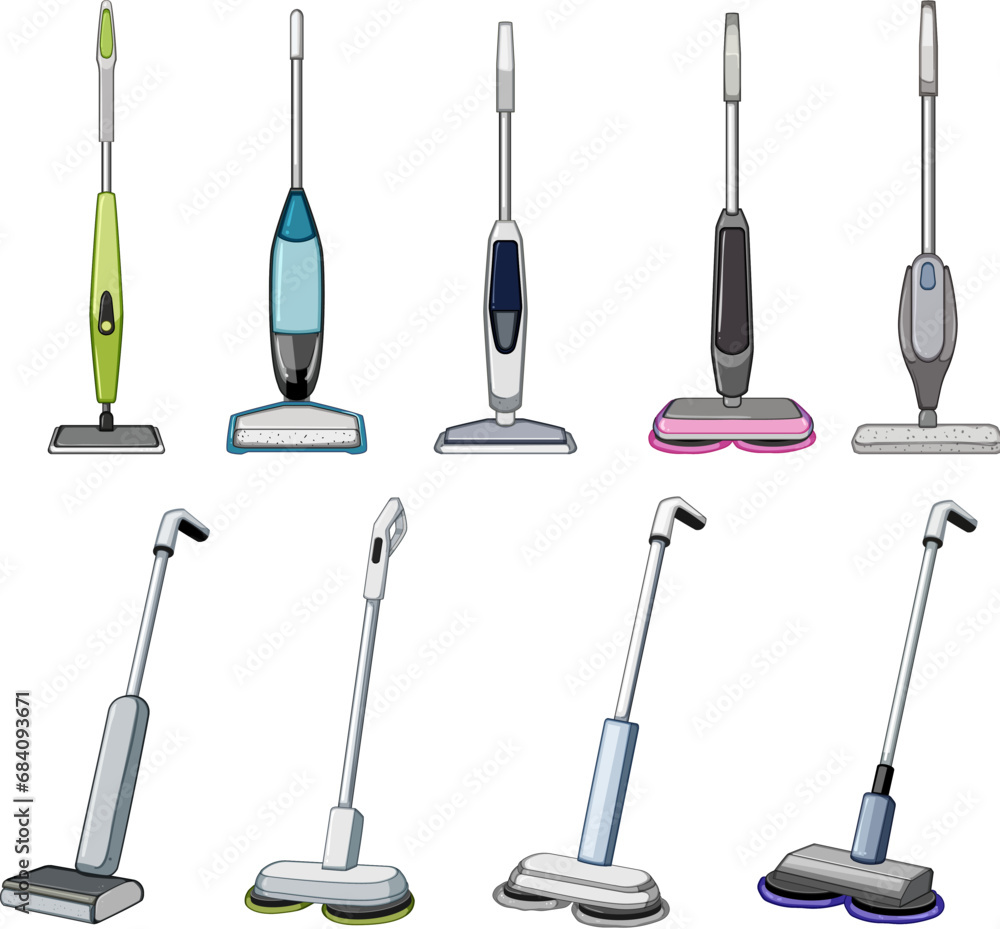 electric mop set cartoon. appliance equipment, floor machine, home al ...