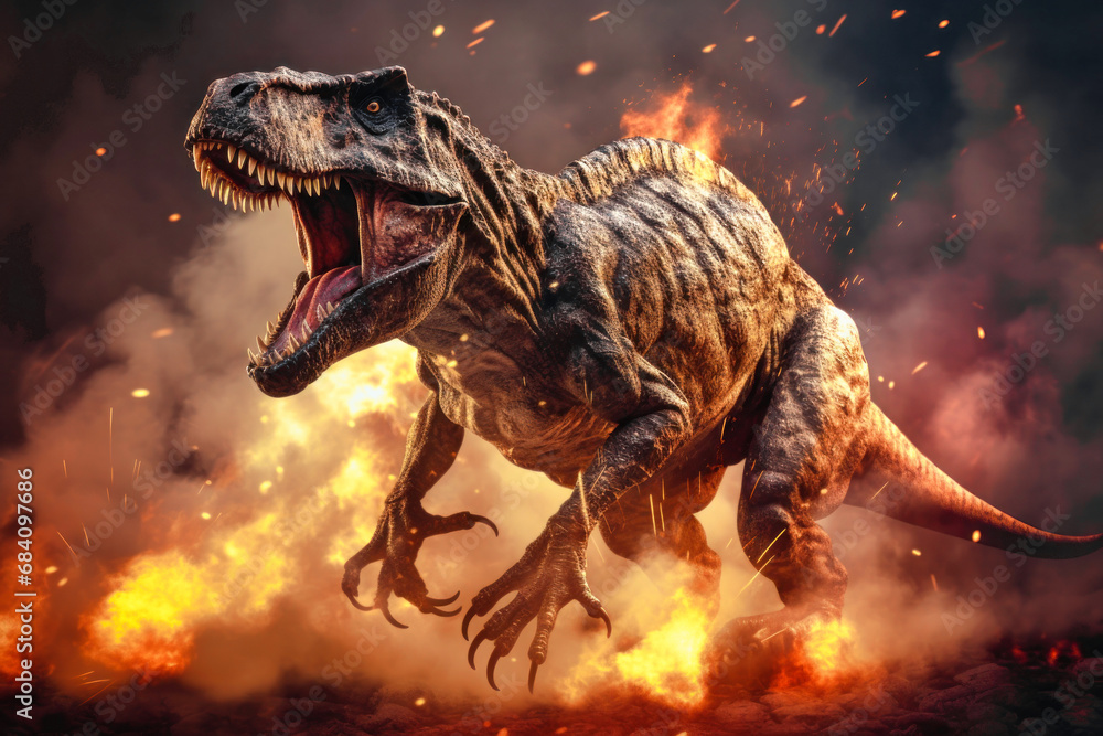 ภาพประกอบสต็อก Tyrannosaurus T-rex ,dinosaur on smoke and fire ...