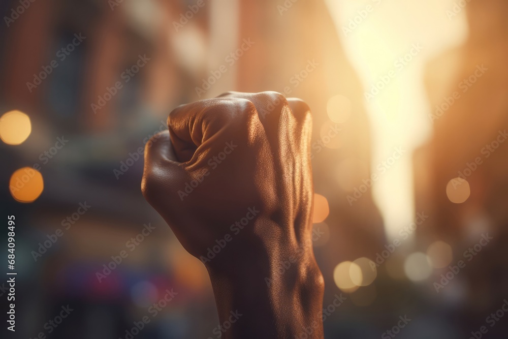 Raised fist blurry. Revolution begins with a raised and courageous fist ...