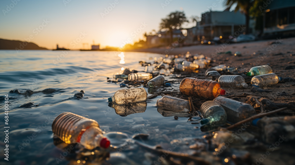 Litter and plastic waste on the sea shore. Environmental pollution ...