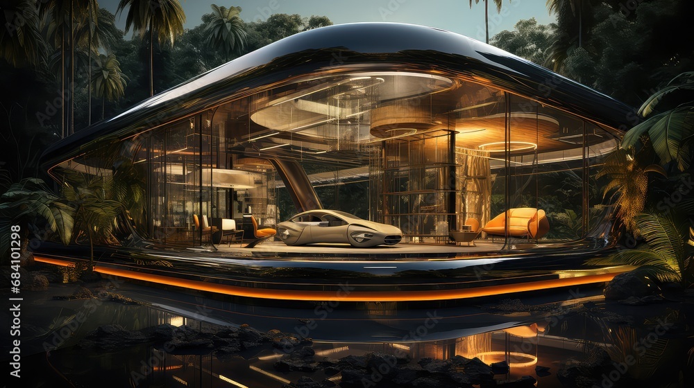 nowoczesne budownictwo w sztuce komputerowej, całe zaszklone zlane z ...