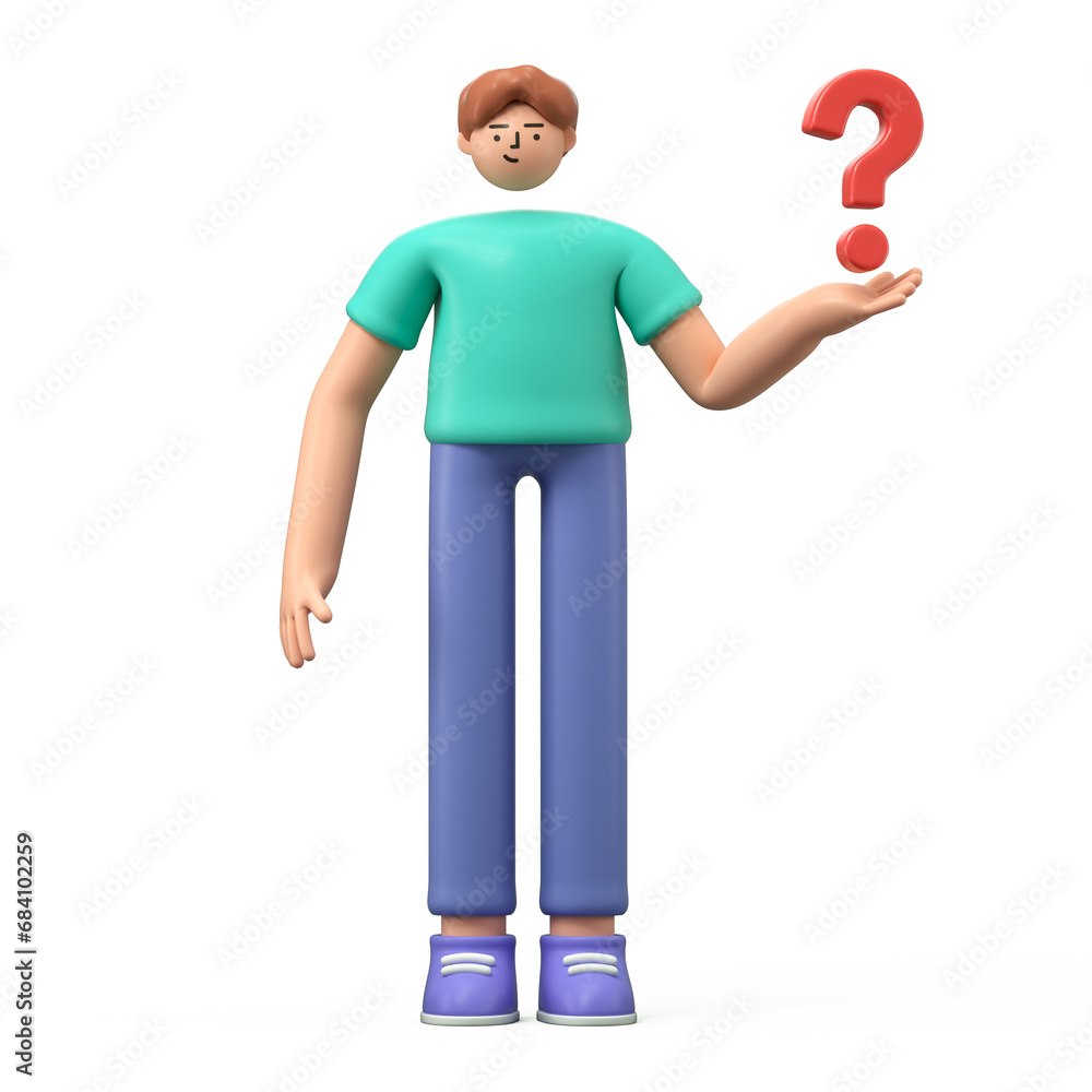 A 3D cartoon character with a red question mark.Confused man thinking ...
