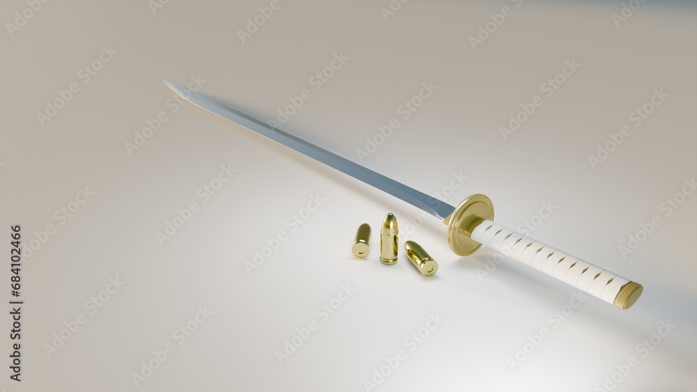 gold bullets and katana sword on white background , 3d render Stock ...