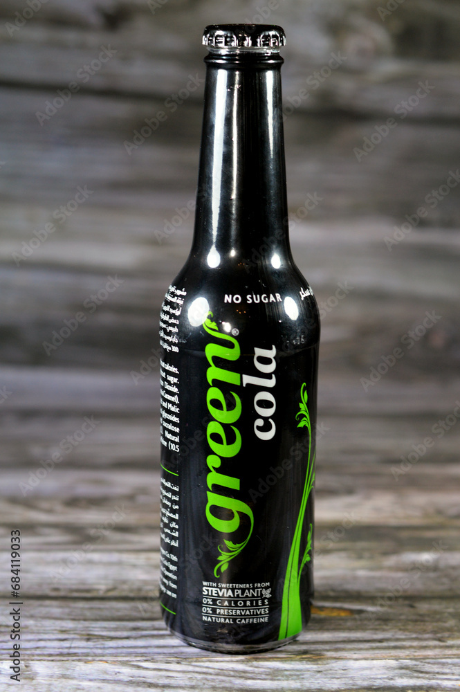 Cairo, Egypt, November 24 2023: Green cola, a carbonated soft drink ...