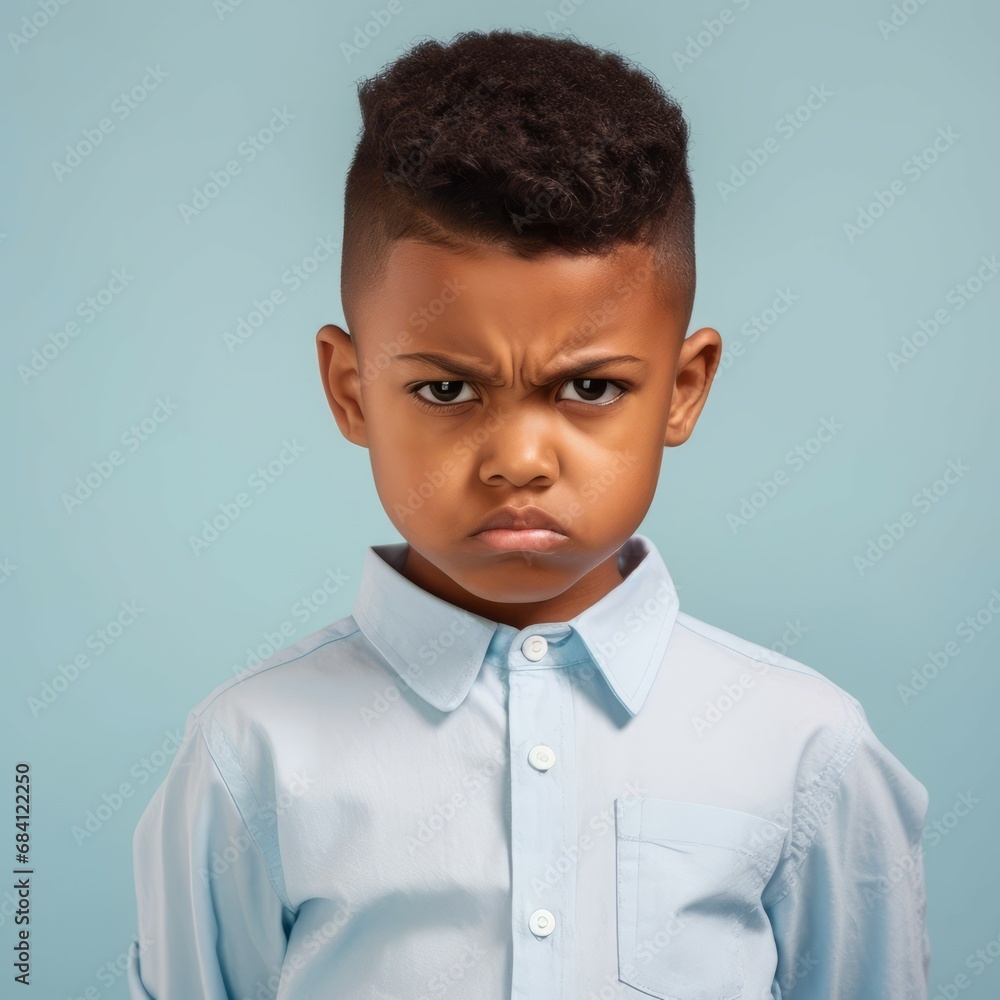 Portrait of an angry little Latin boy with brown hair. Closeup face of ...