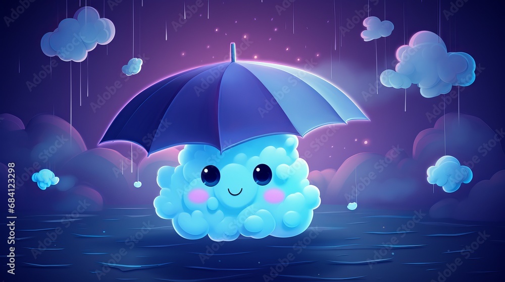 Funny cheerful rain cloud taking cover beneath umbrella, cute cloud ...