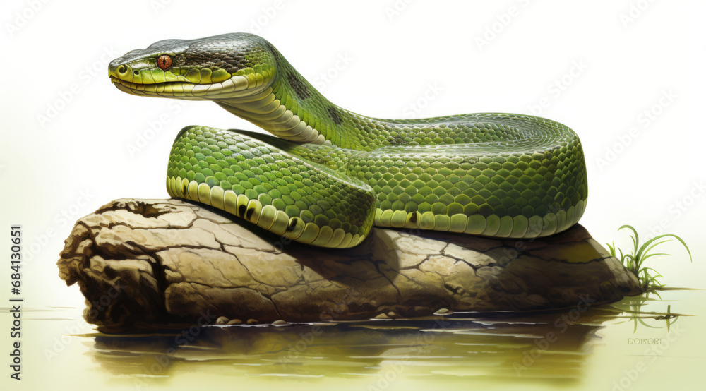 Illustration of a large green anaconda coiled on a rock, poised in its ...
