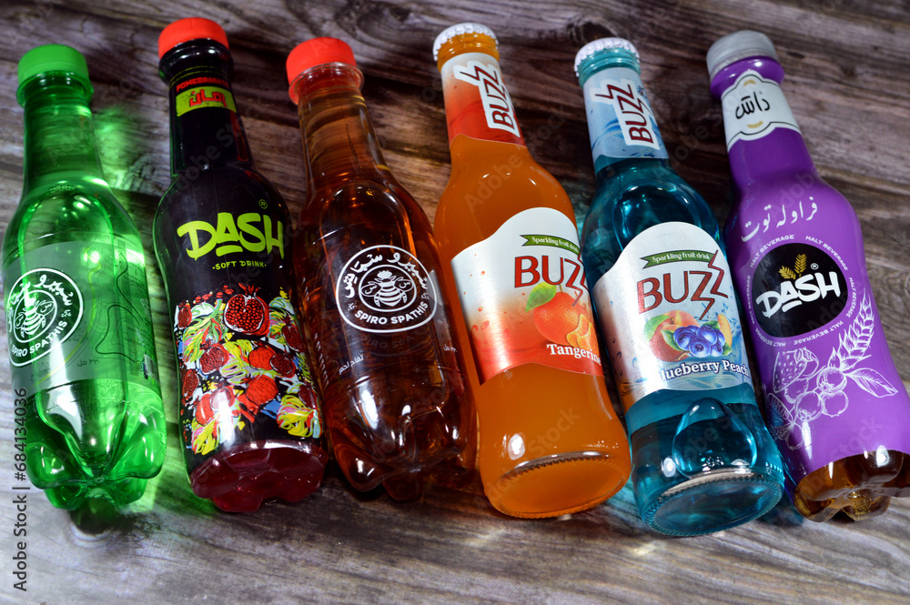 Cairo, Egypt, November 24 2023: variety of soft soda drinks of different types and flavors from ...