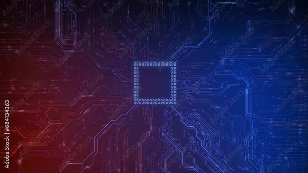 Animated circuit board. Digital technology background. Central computer ...