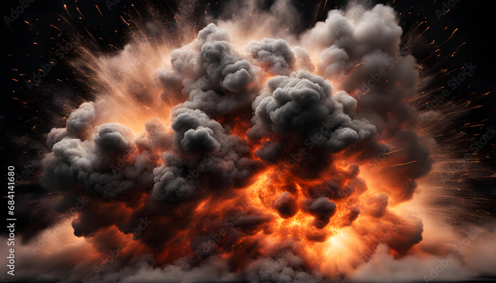 Huge, extremely hot explosion with sparks and hot smoke, against black ...