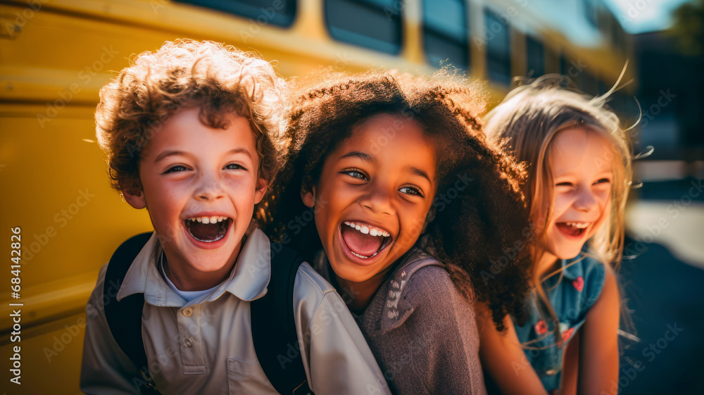 Happy school children laughing in front of the yellow school bus ...