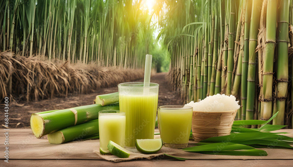 Fresh squeezed sugar cane juice with sugar cane plantation farming ...