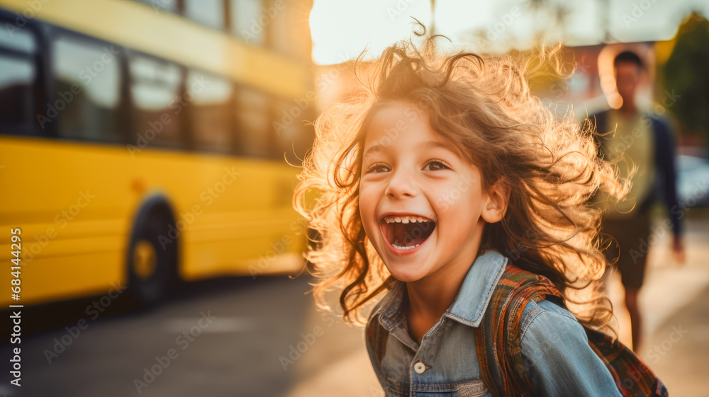 Happy school children laughing in front of the yellow school bus ...