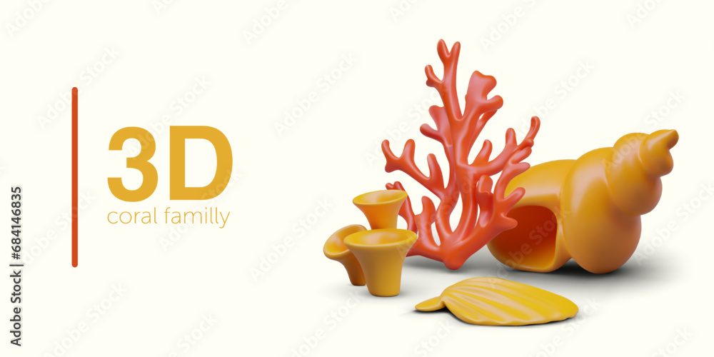 Vector coral family. 3D corals and shells of various types. Underwater ...