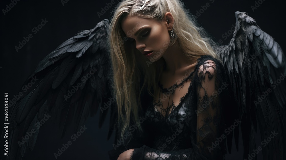 Mysterious woman with angelic face in dark aesthetic. Hyper-realistic ...