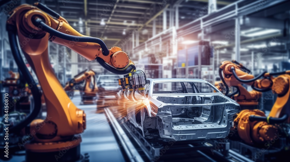 An image showcasing a bustling automotive assembly line, with high-tech ...