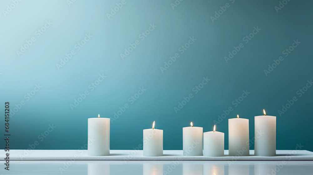 Four white pillar candles of different heights, aligned in a row on a ...