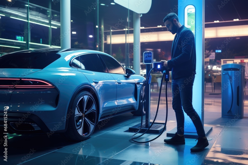 Person Charging Electric Car at Charging Station with Eco-Friendly ...