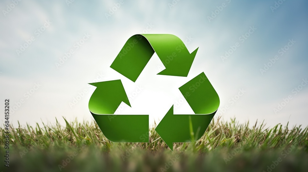 Recycling symbol on green background with recycle bin. Represents eco ...