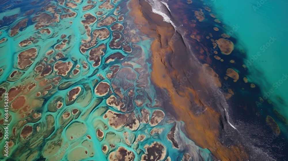 Aerial view of a vast ocean with a sharp-focused, hyper-realistic ...