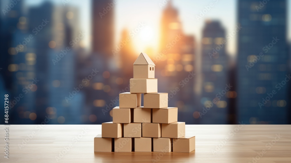 Hyper-realistic stock photo of a detailed cardboard tower. Sharp focus ...